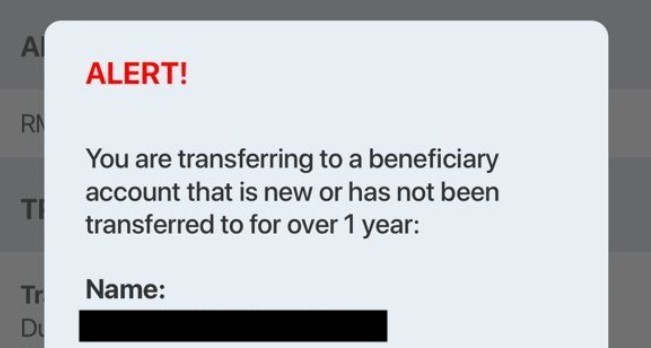 Public Bank has added a security alert for transfers to new accounts or ...