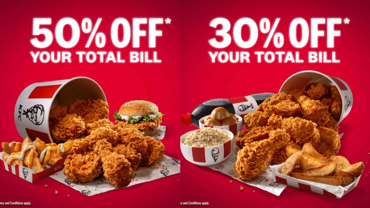 50% and 30% off discount vouchers are available from KFC. - Leh Leo Radio News