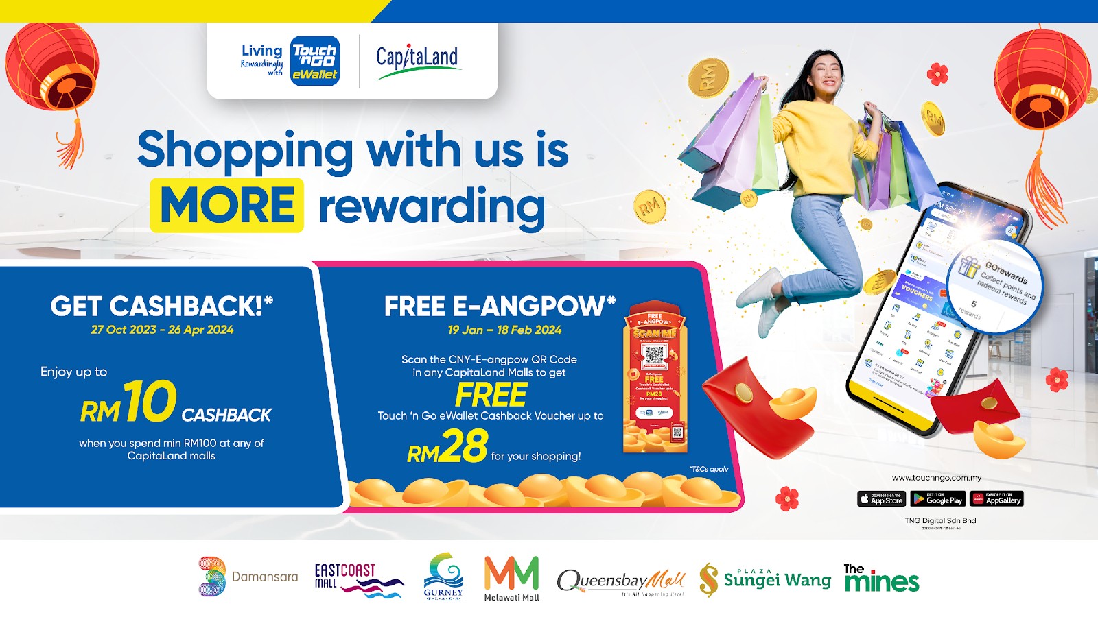Claim a FREE Touch 'n Go eWallet up to RM28 at CapitaLand Mall and enjoy cashback vouchers ...