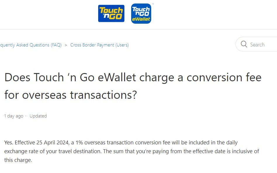 Touch 'n Go eWallet will impose a 1% overseas transaction conversion ...